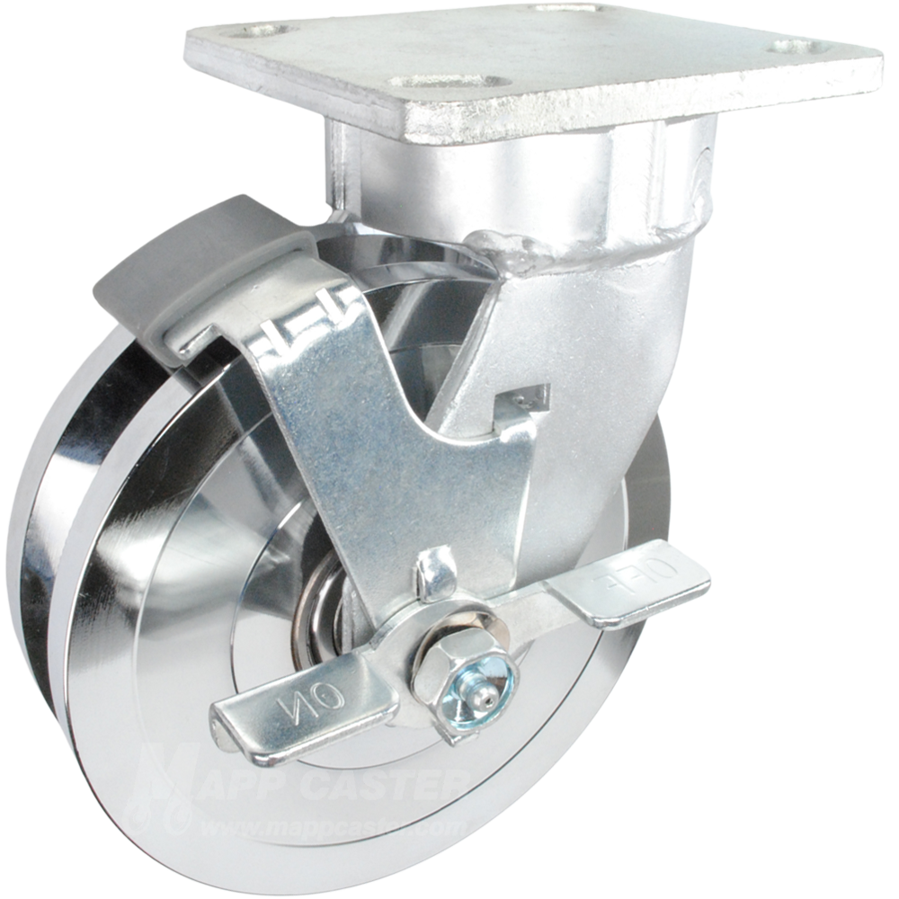 6" x 1-3/4" Forged Steel V-Groove Wheel Kingpinless Swivel Brake Caste ...